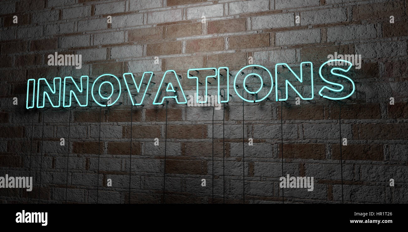 INNOVATIONS - Glowing Neon Sign on stonework wall - 3D rendered royalty ...
