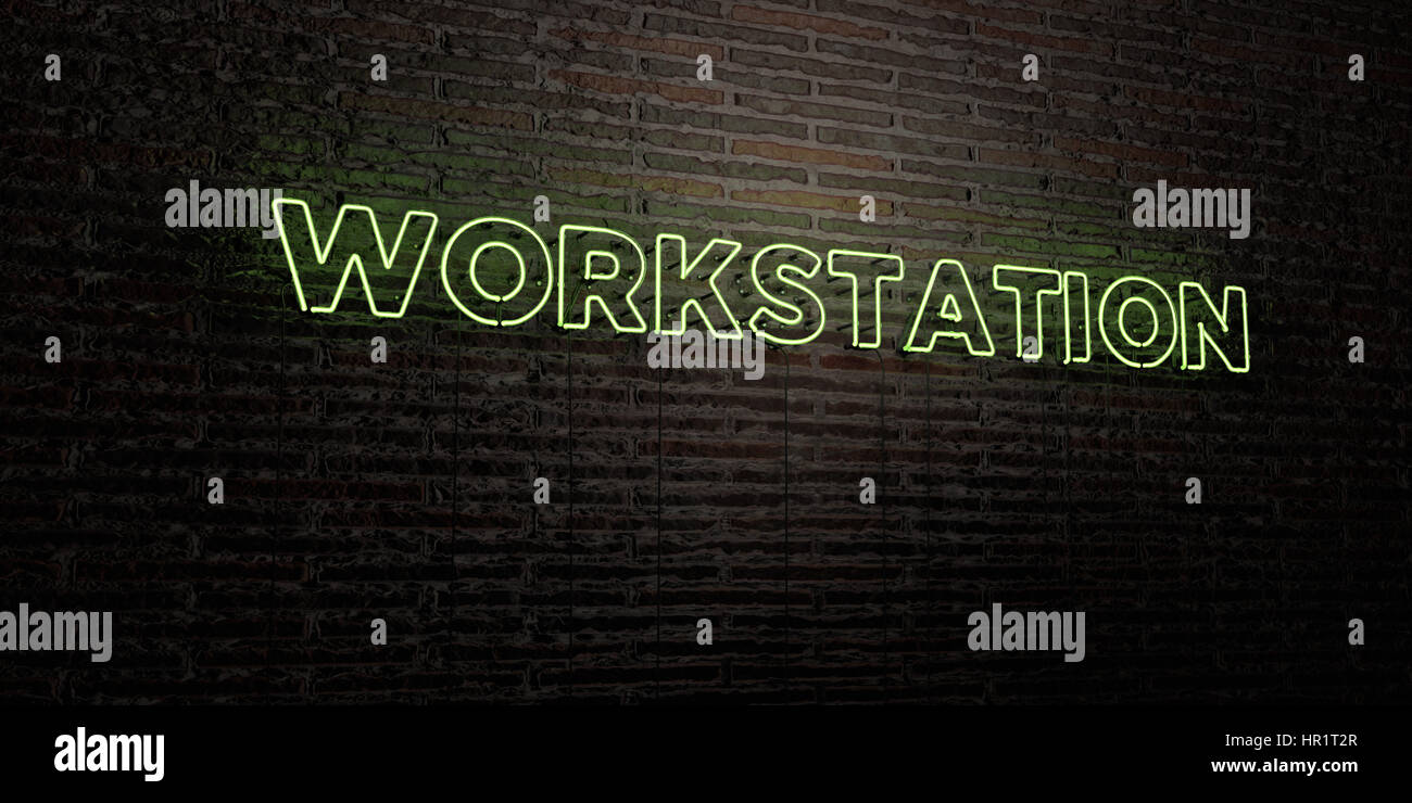 WORKSTATION -Realistic Neon Sign on Brick Wall background - 3D rendered ...