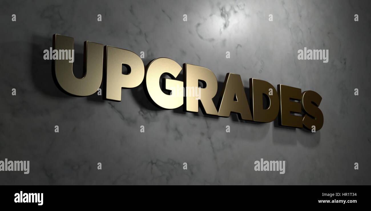 Upgrades - Gold sign mounted on glossy marble wall - 3D rendered ...