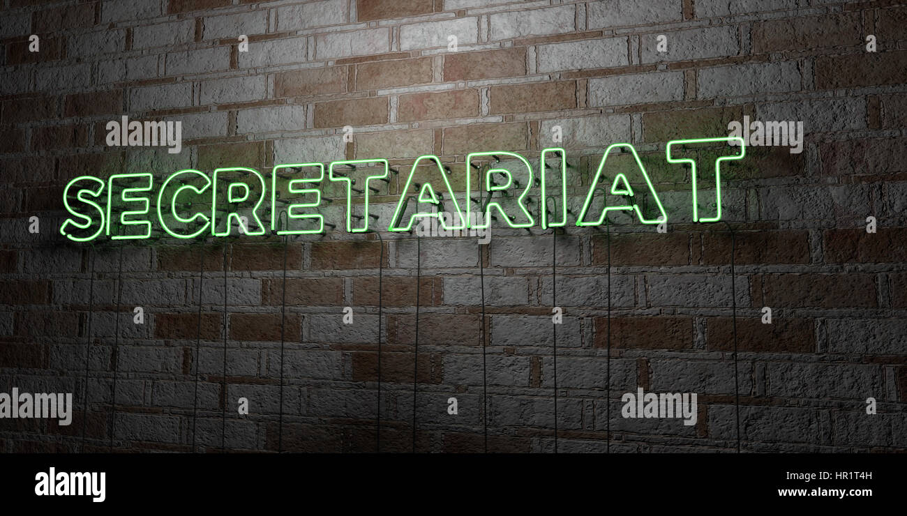 SECRETARIAT - Glowing Neon Sign on stonework wall - 3D rendered royalty ...