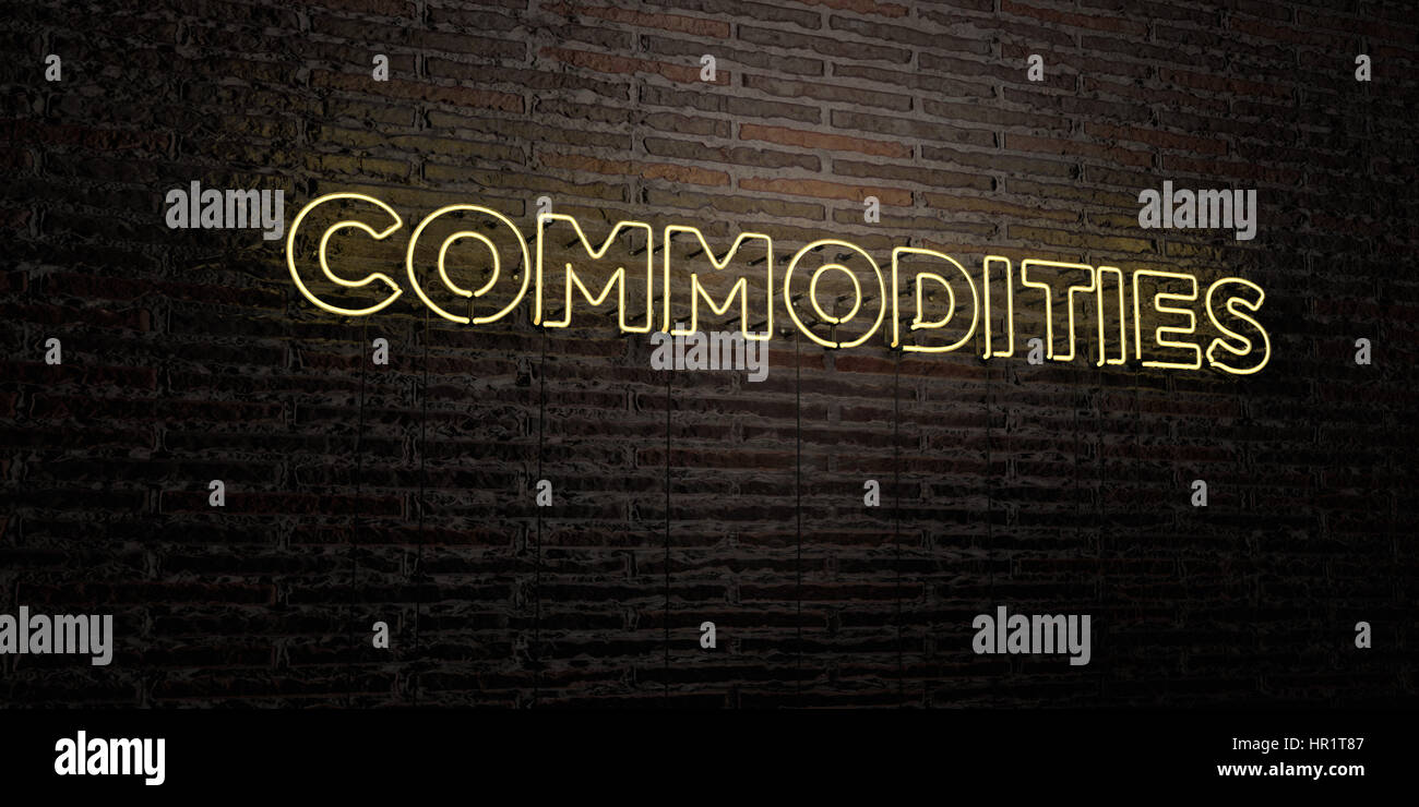 COMMODITIES -Realistic Neon Sign on Brick Wall background - 3D rendered ...