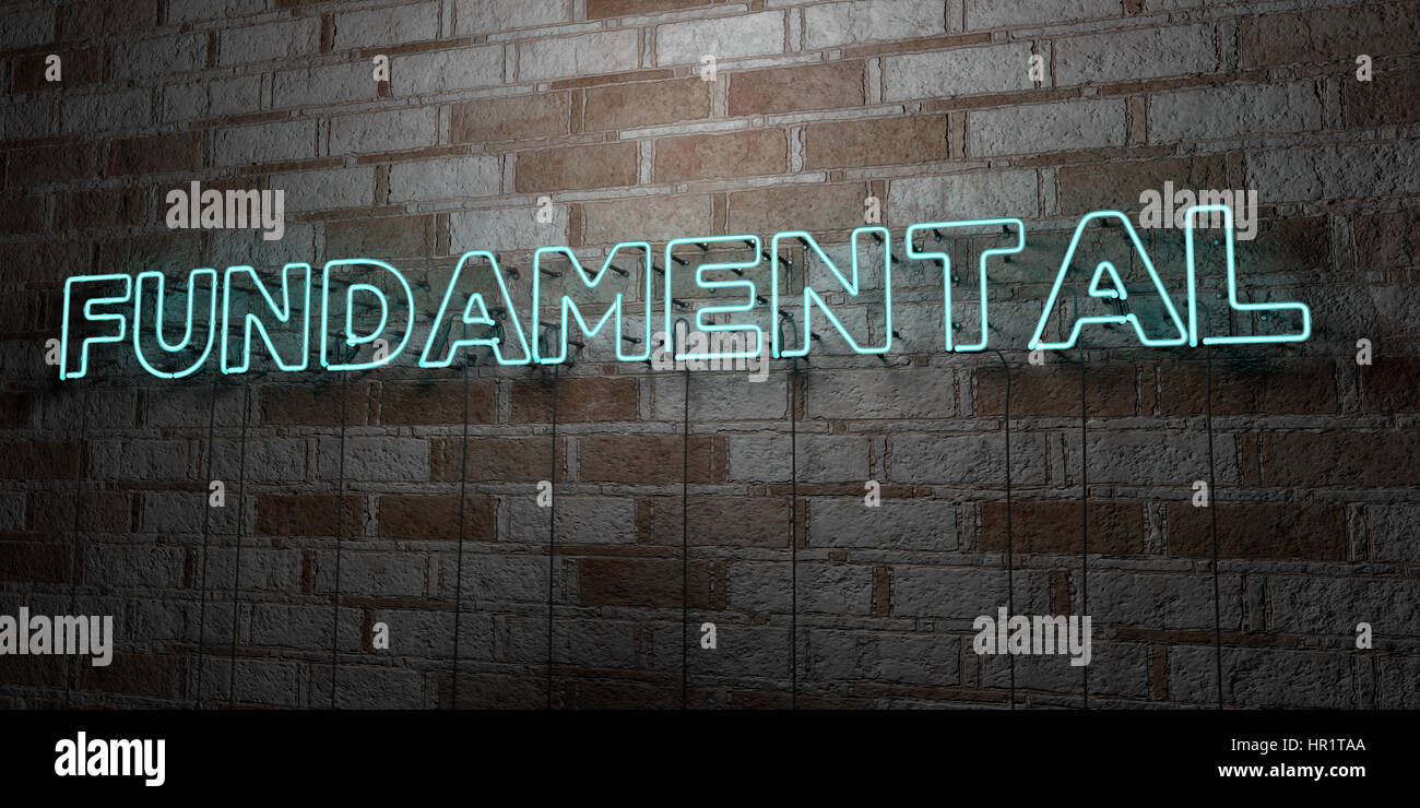 FUNDAMENTAL - Glowing Neon Sign on stonework wall - 3D rendered royalty ...