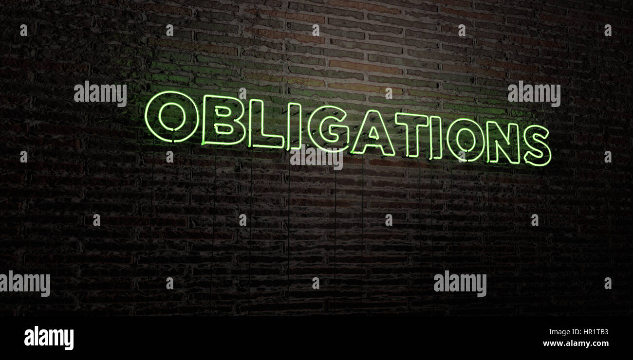 OBLIGATIONS -Realistic Neon Sign on Brick Wall background - 3D rendered ...