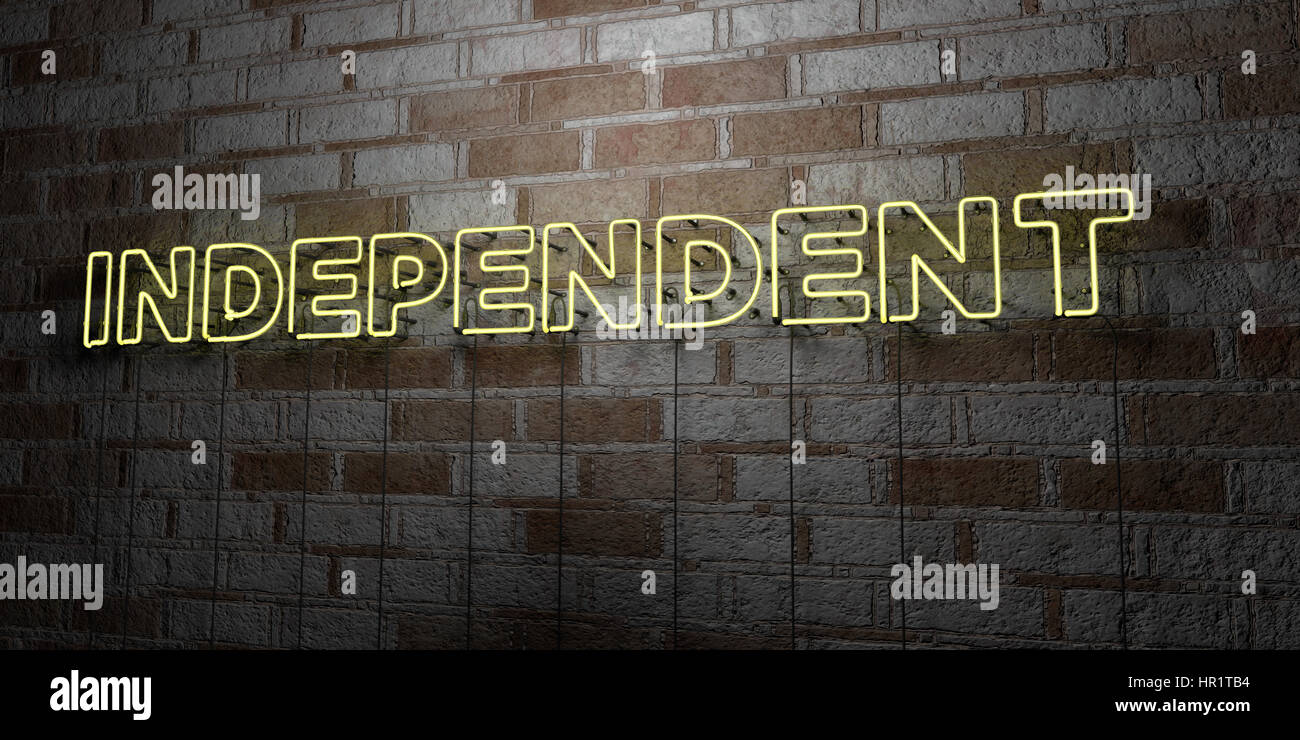 INDEPENDENT - Glowing Neon Sign on stonework wall - 3D rendered royalty ...
