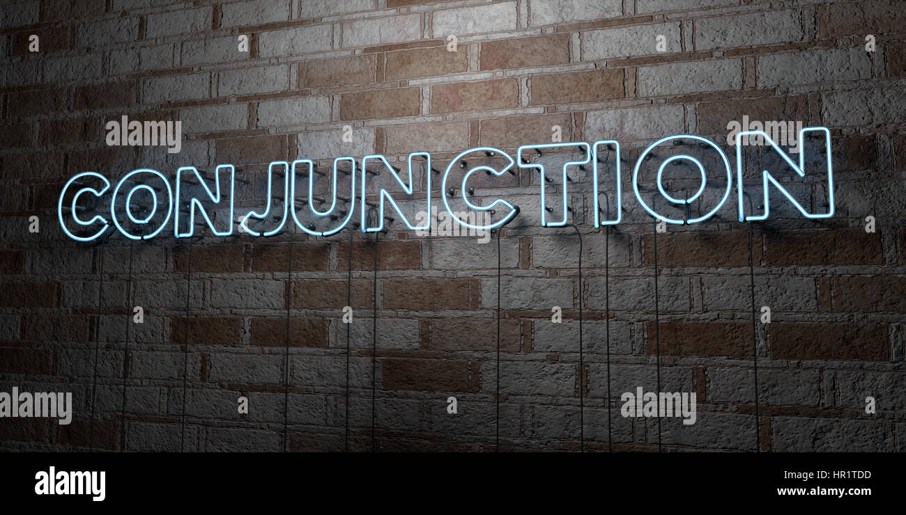 CONJUNCTION - Glowing Neon Sign on stonework wall - 3D rendered royalty ...