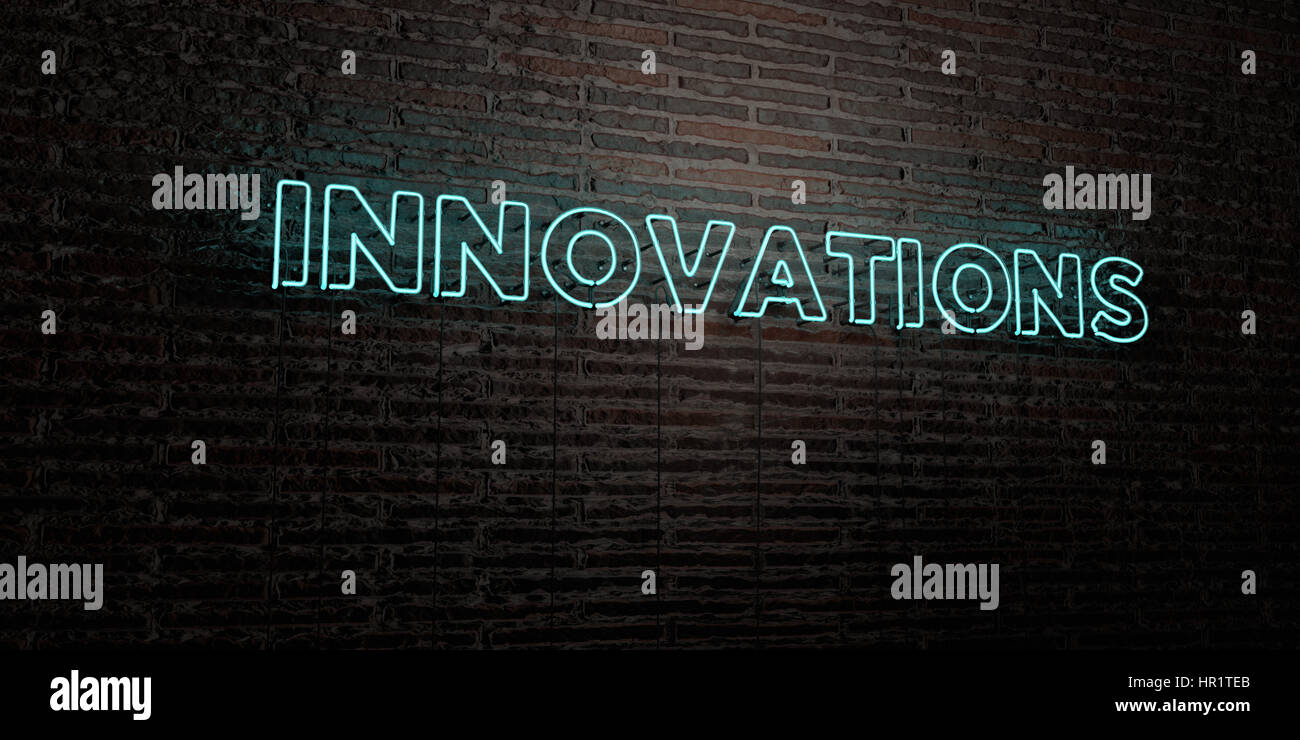 INNOVATIONS -Realistic Neon Sign on Brick Wall background - 3D rendered ...