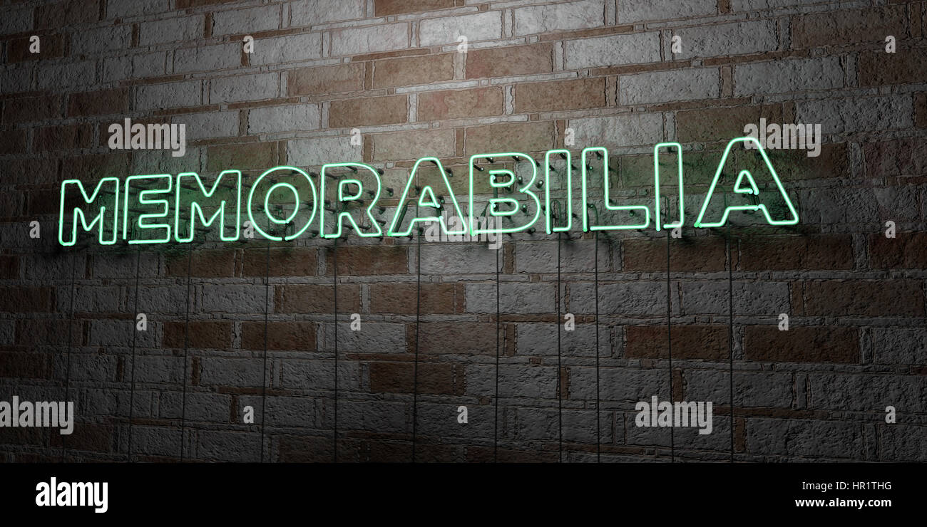 MEMORABILIA - Glowing Neon Sign on stonework wall - 3D rendered royalty ...
