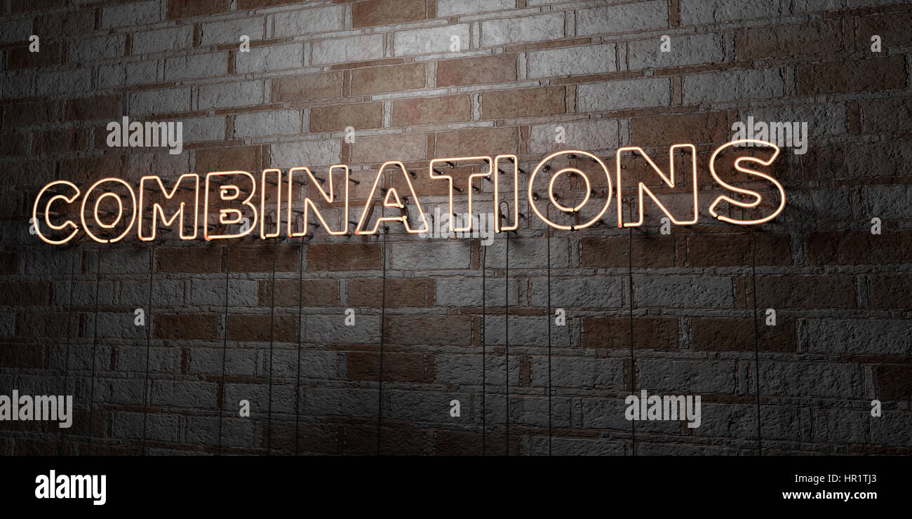 COMBINATIONS - Glowing Neon Sign on stonework wall - 3D rendered ...