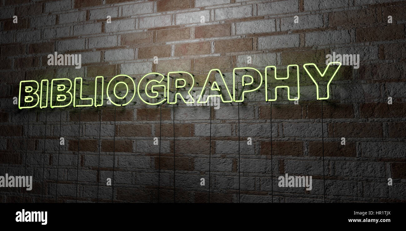 BIBLIOGRAPHY - Glowing Neon Sign on stonework wall - 3D rendered ...