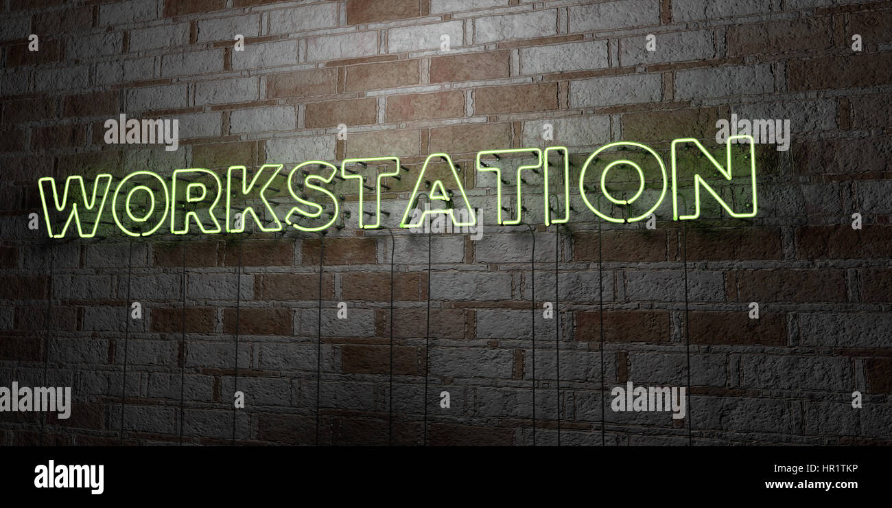 WORKSTATION - Glowing Neon Sign on stonework wall - 3D rendered royalty ...