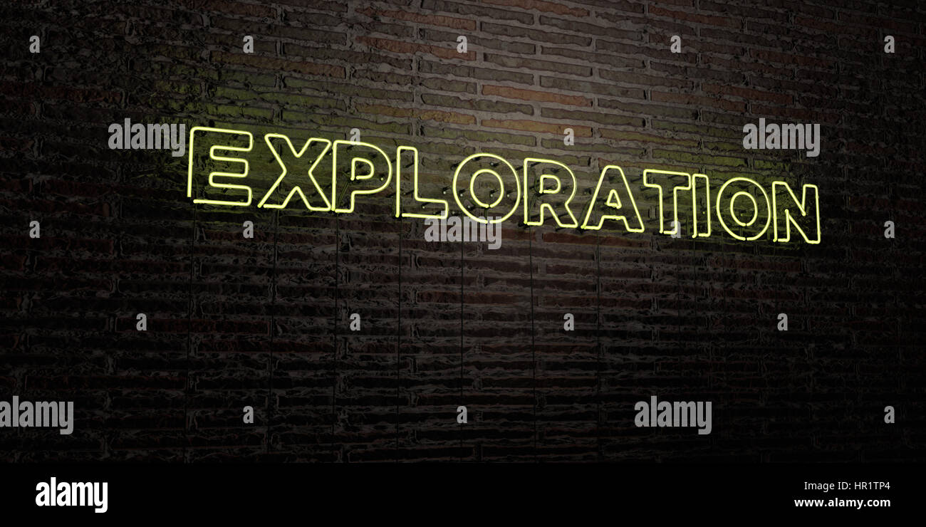 EXPLORATION -Realistic Neon Sign on Brick Wall background - 3D rendered ...