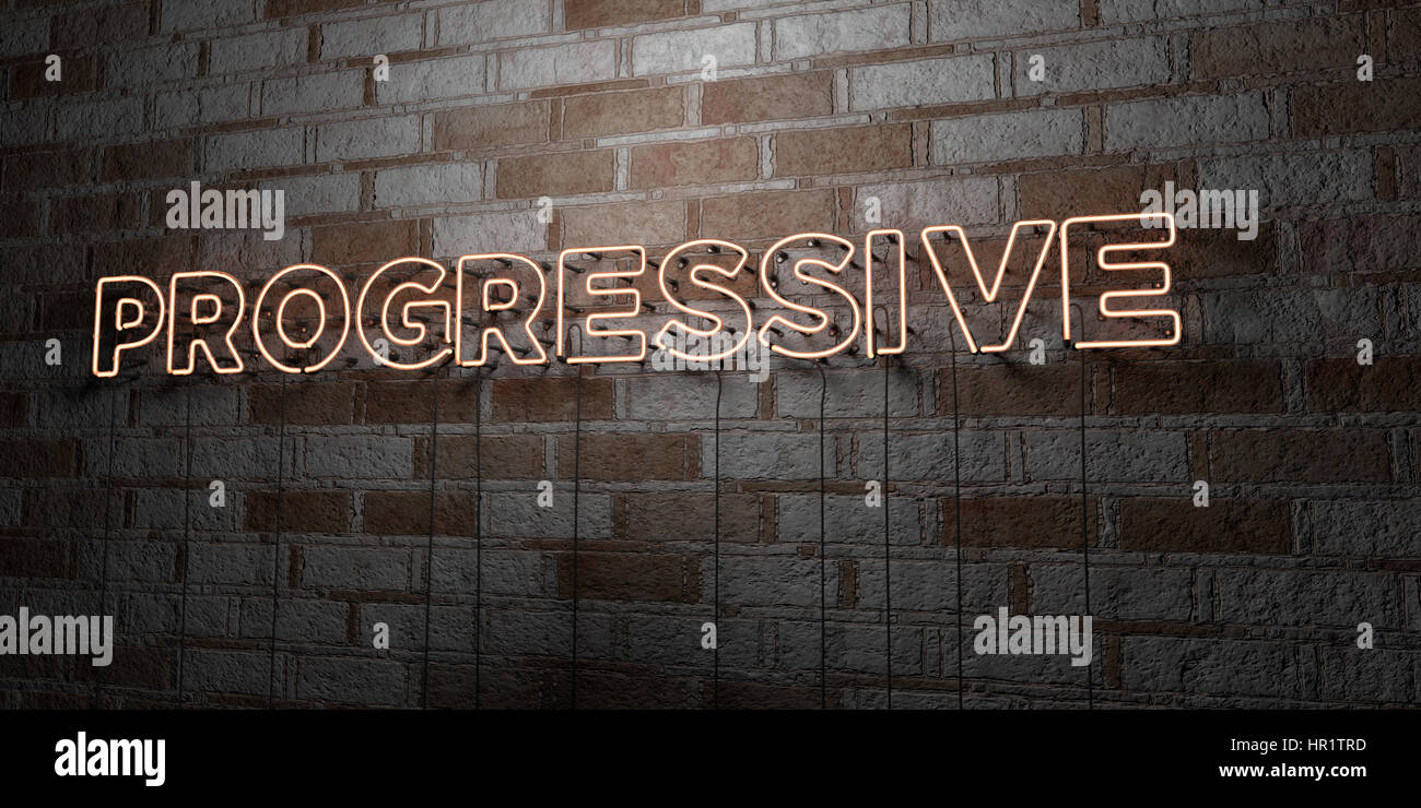 PROGRESSIVE - Glowing Neon Sign on stonework wall - 3D rendered royalty ...