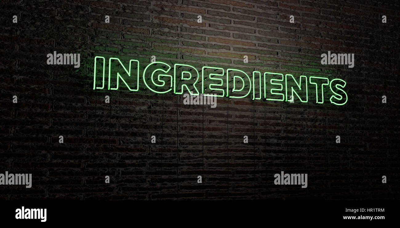 INGREDIENTS -Realistic Neon Sign on Brick Wall background - 3D rendered ...