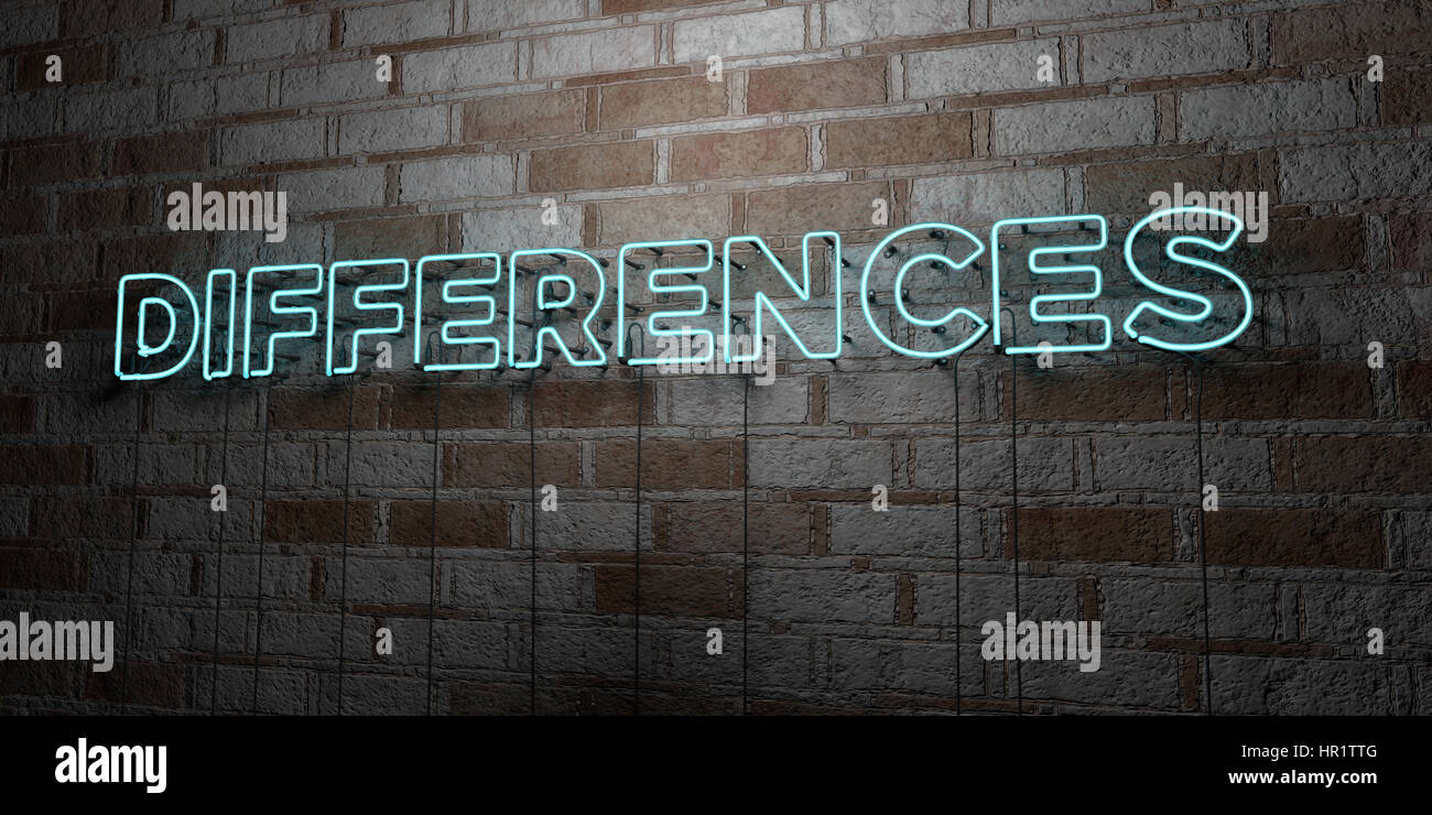 DIFFERENCES - Glowing Neon Sign on stonework wall - 3D rendered royalty ...