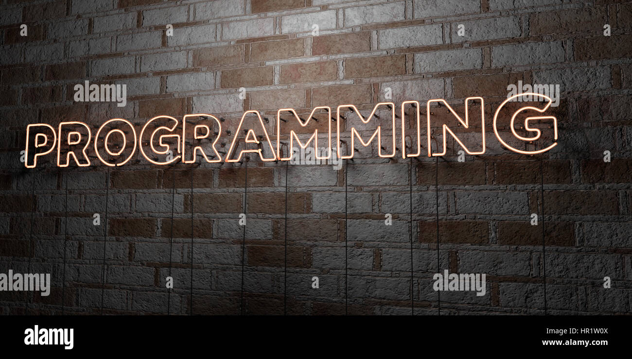 PROGRAMMING - Glowing Neon Sign on stonework wall - 3D rendered royalty ...