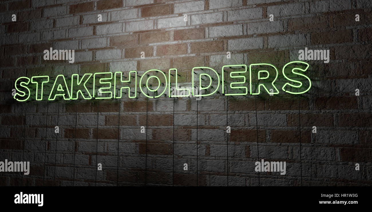 STAKEHOLDERS - Glowing Neon Sign on stonework wall - 3D rendered ...