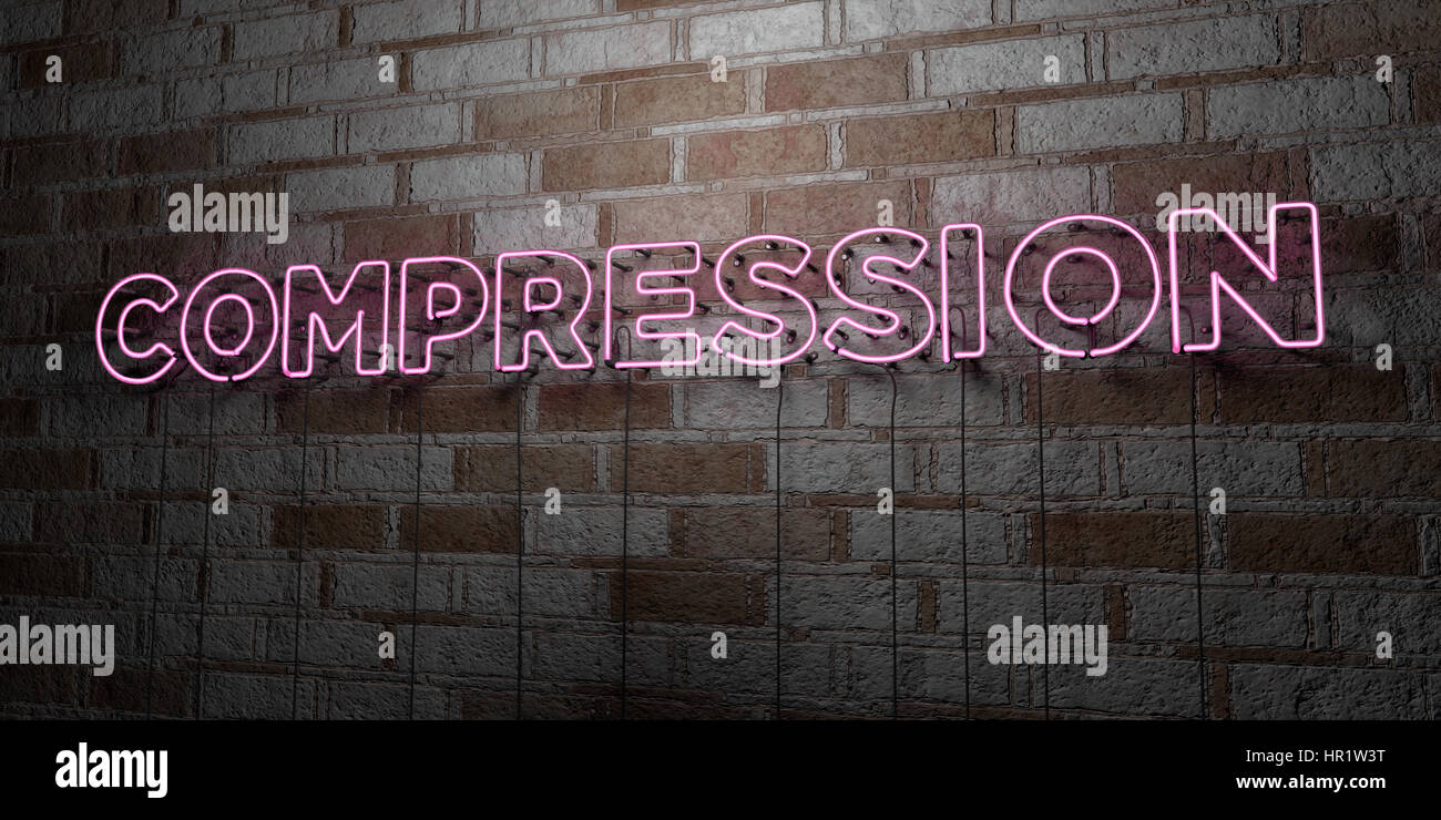 COMPRESSION - Glowing Neon Sign on stonework wall - 3D rendered royalty ...
