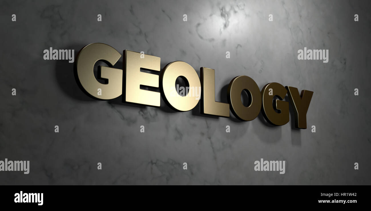 Geology - Gold sign mounted on glossy marble wall - 3D rendered royalty ...