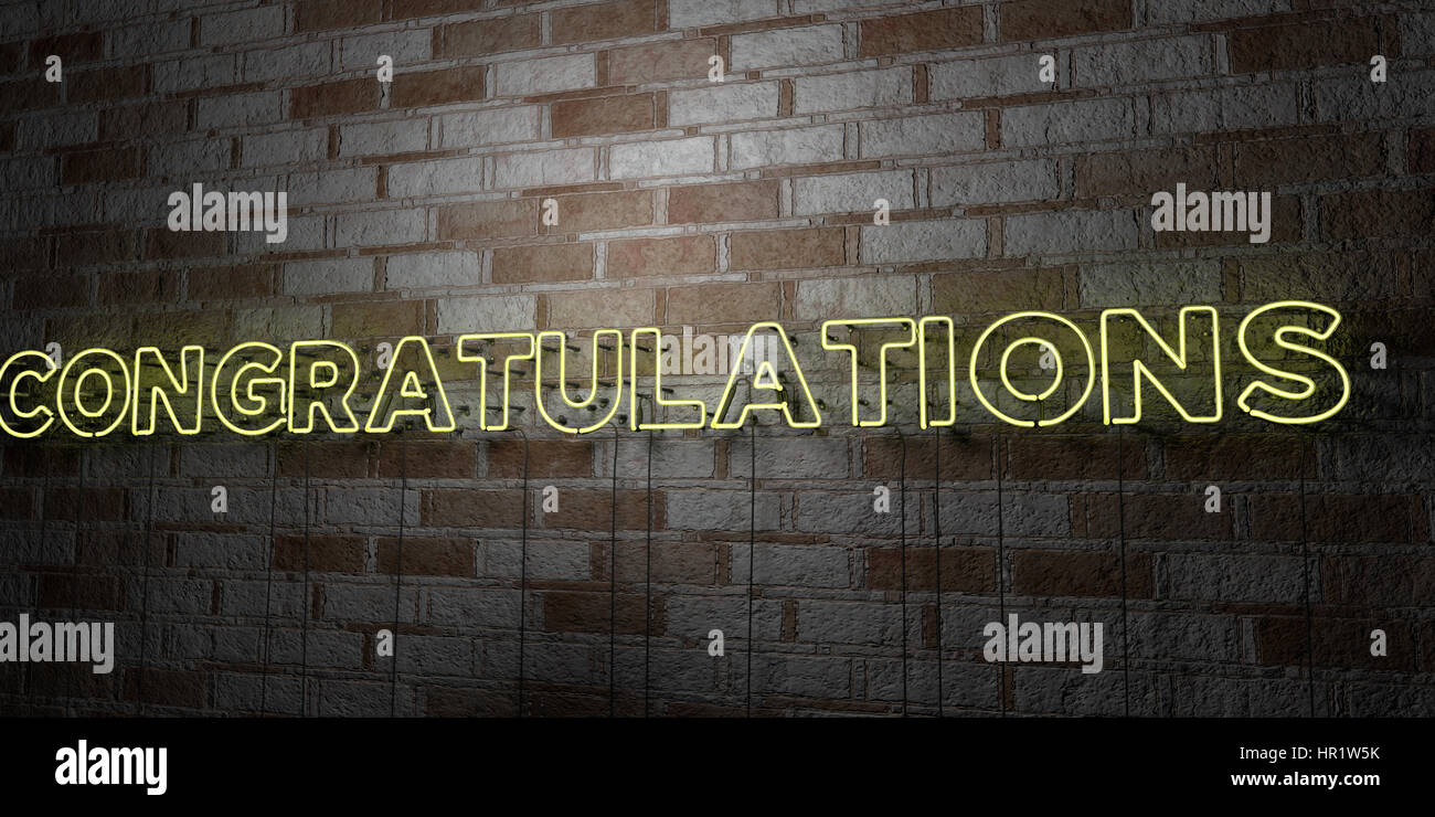 CONGRATULATIONS - Glowing Neon Sign on stonework wall - 3D rendered ...