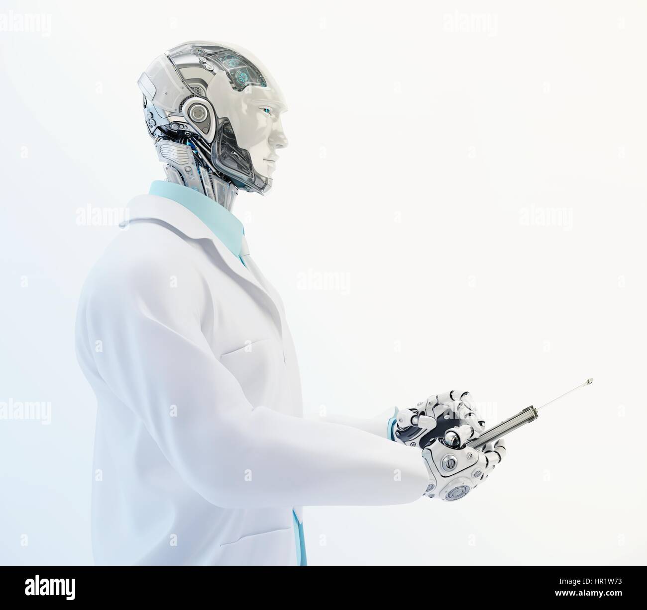 Artificial robot doctor, cyborg medical specialist working with tablet ...