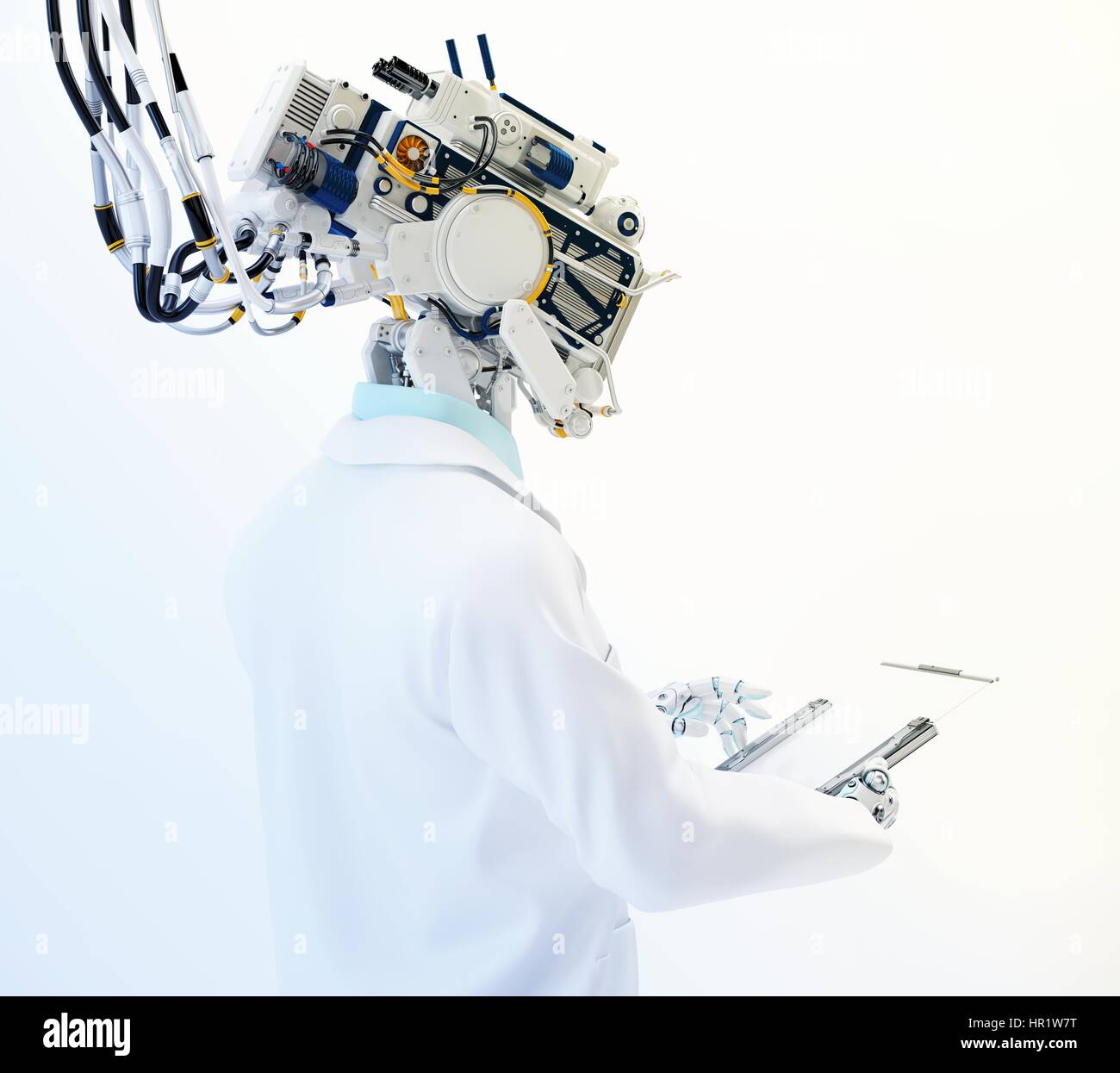 Artificial robot doctor, cyborg medical specialist working with tablet ...