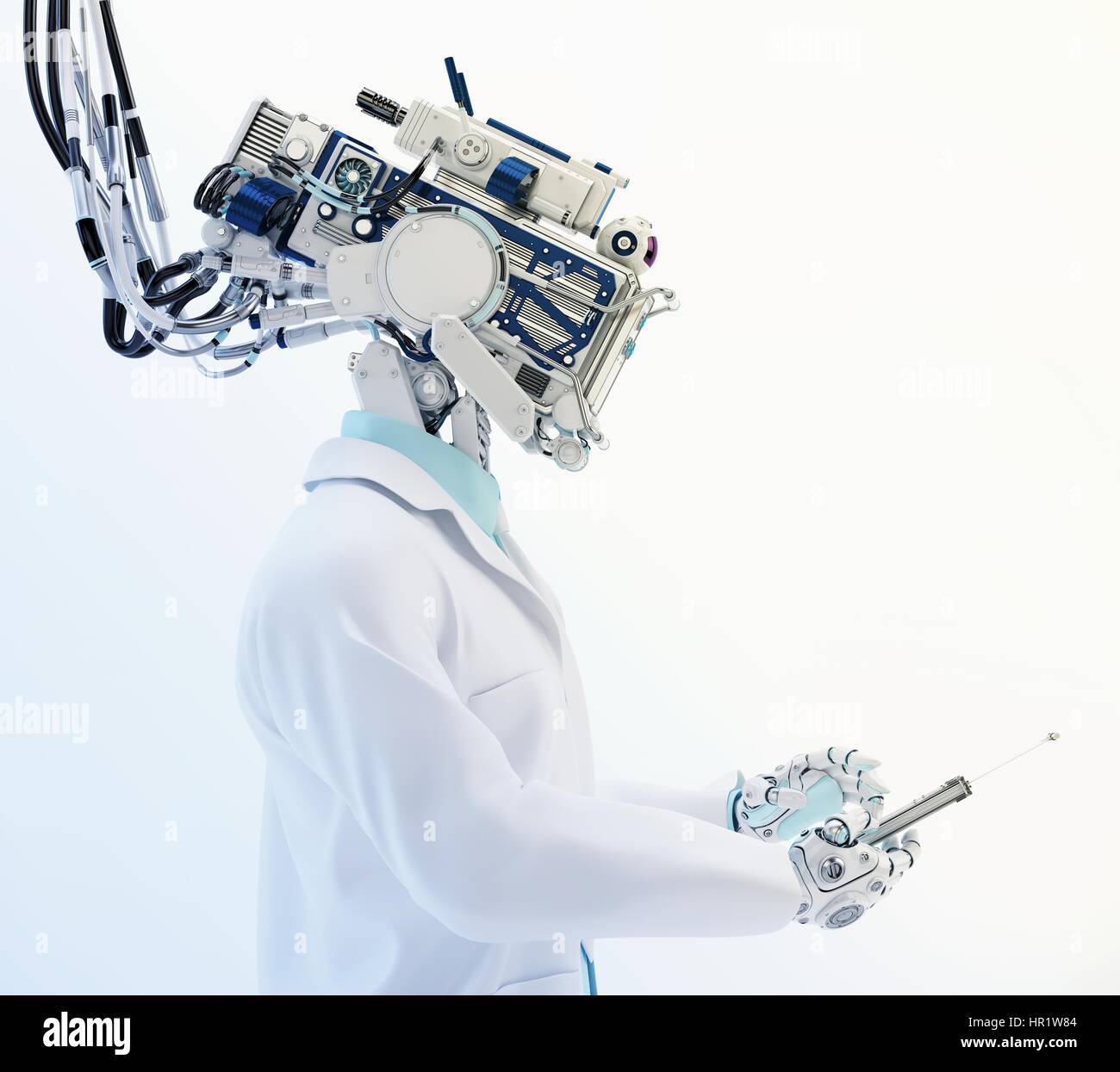 Artificial robot doctor, cyborg medical specialist working with tablet ...