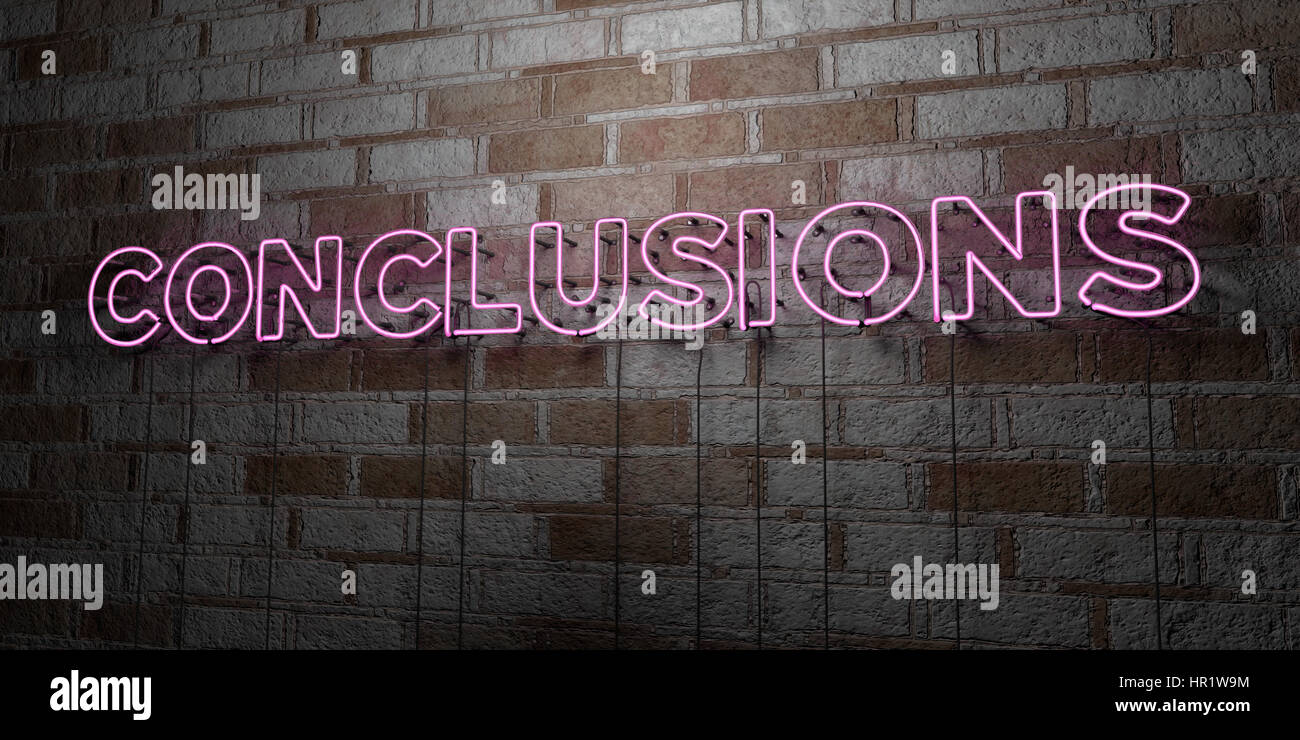CONCLUSIONS - Glowing Neon Sign on stonework wall - 3D rendered royalty ...