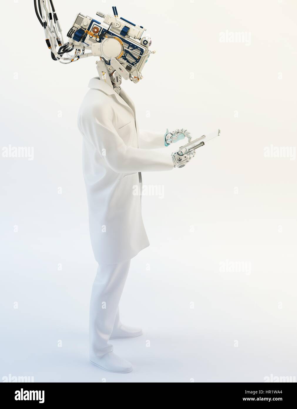 Artificial robot doctor, cyborg medical specialist working with tablet ...