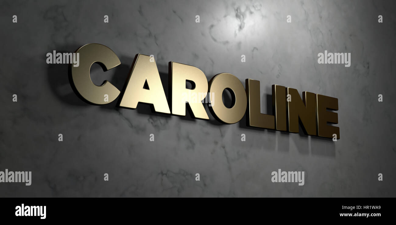 Caroline - Gold sign mounted on glossy marble wall - 3D rendered ...