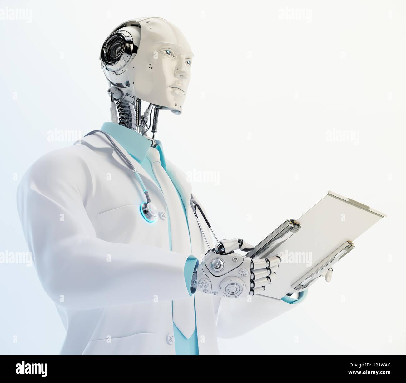 Artificial robot doctor, cyborg medical specialist working with tablet ...