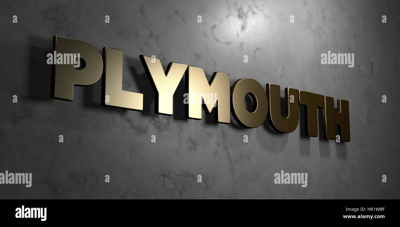 Plymouth - Gold sign mounted on glossy marble wall - 3D rendered ...