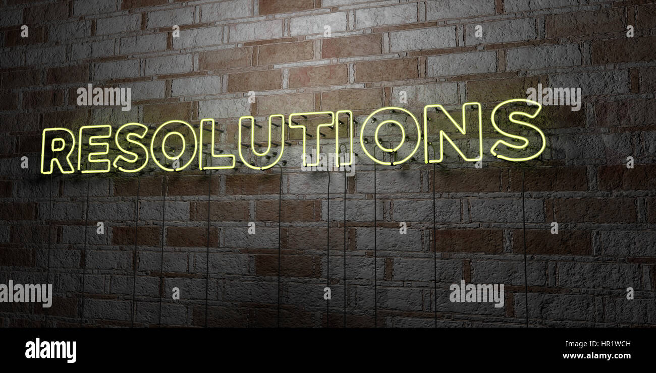 RESOLUTIONS - Glowing Neon Sign on stonework wall - 3D rendered royalty ...
