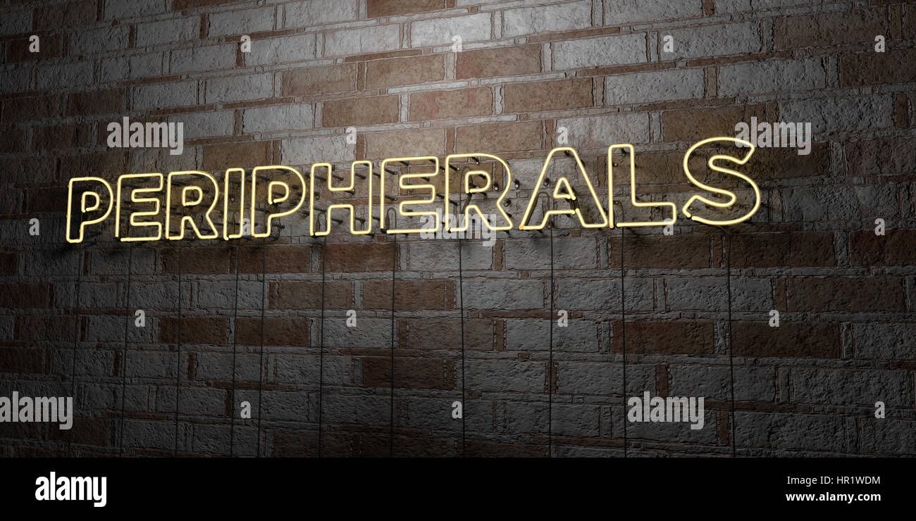 PERIPHERALS - Glowing Neon Sign on stonework wall - 3D rendered royalty ...