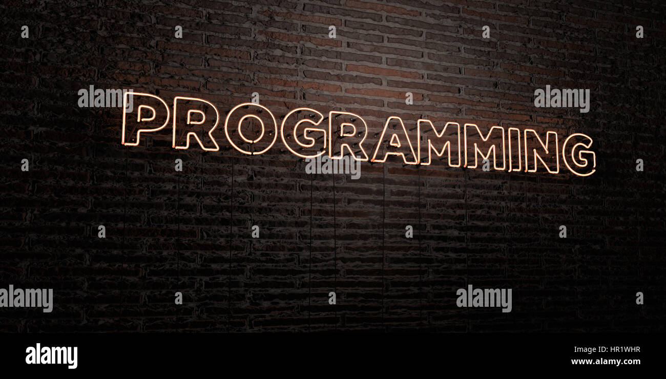 PROGRAMMING -Realistic Neon Sign on Brick Wall background - 3D rendered ...