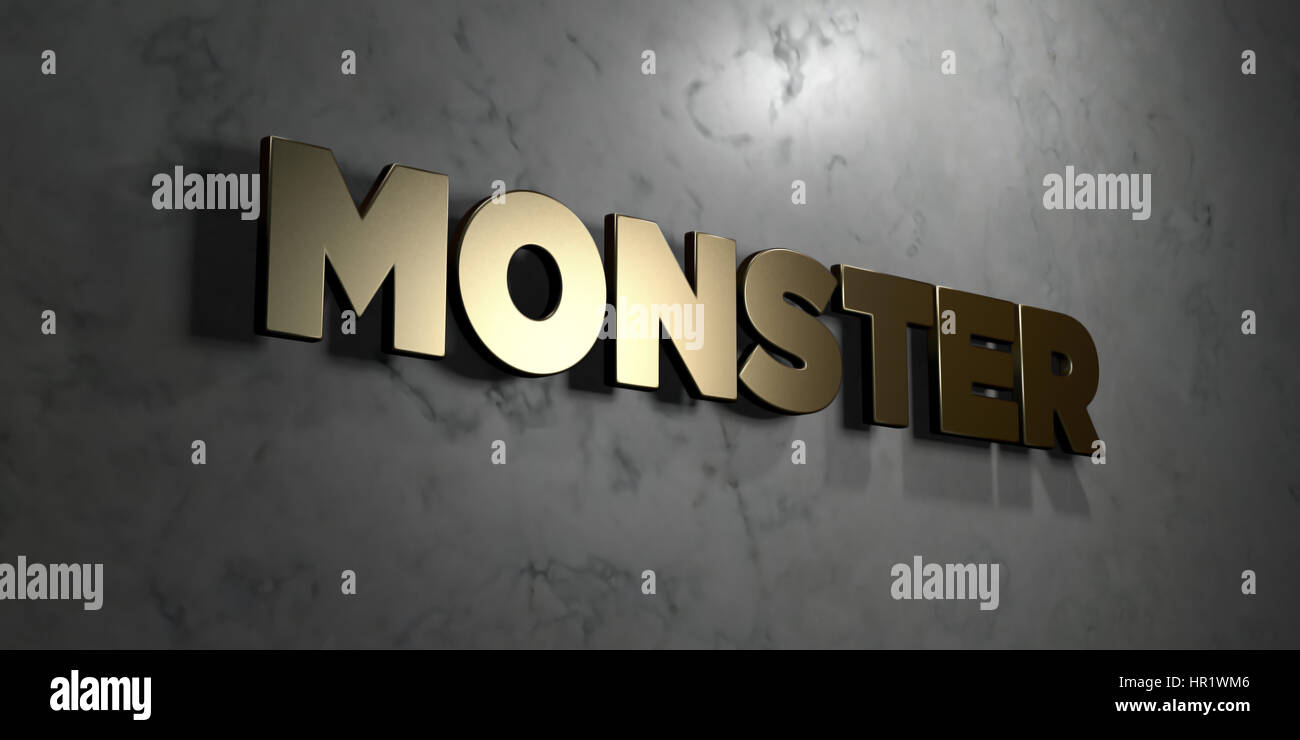 Monster - Gold sign mounted on glossy marble wall - 3D rendered royalty ...