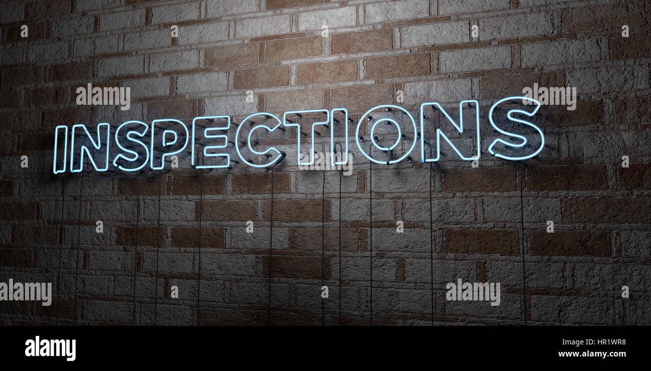 INSPECTIONS - Glowing Neon Sign on stonework wall - 3D rendered royalty ...