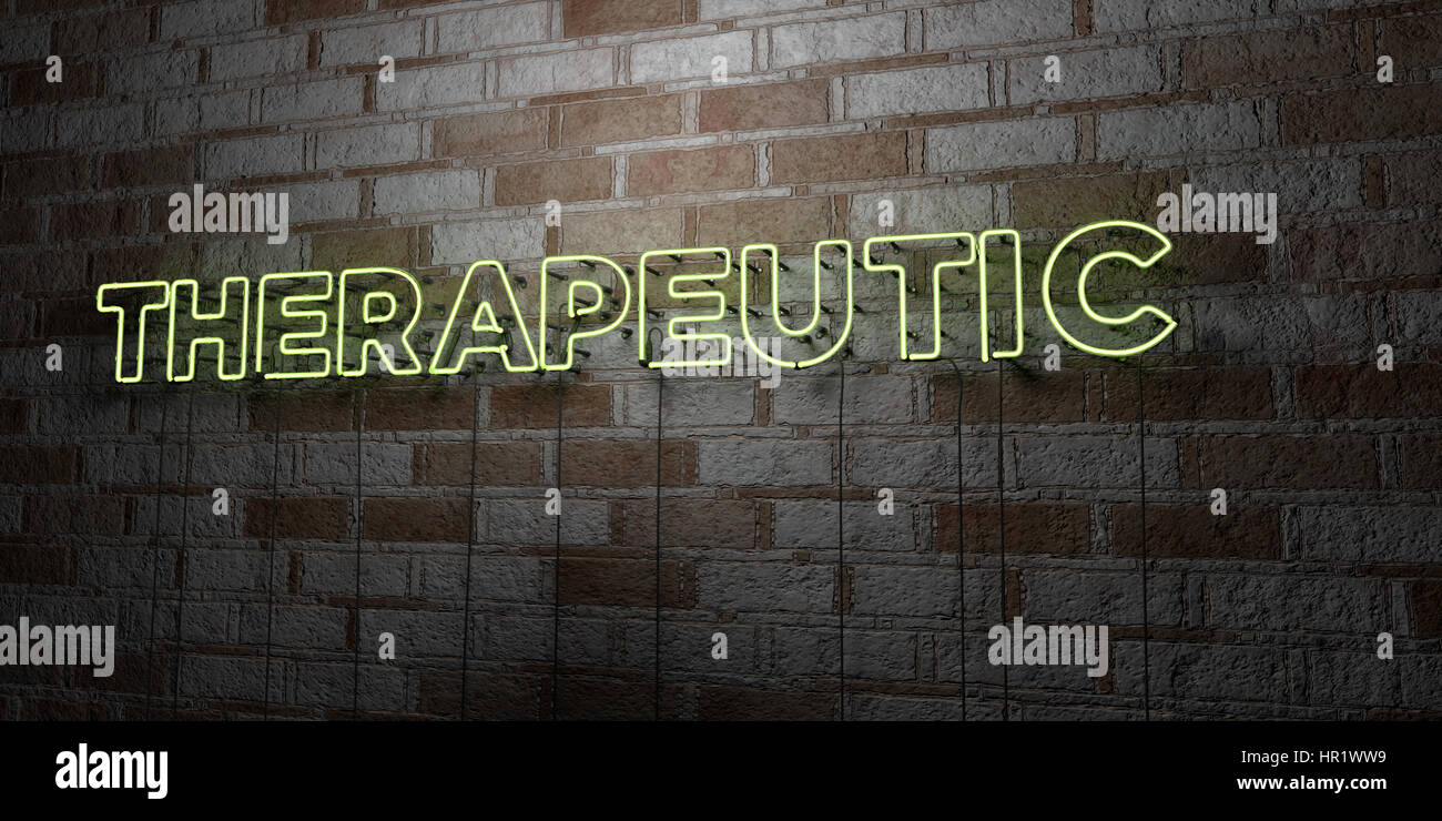 THERAPEUTIC - Glowing Neon Sign on stonework wall - 3D rendered royalty ...