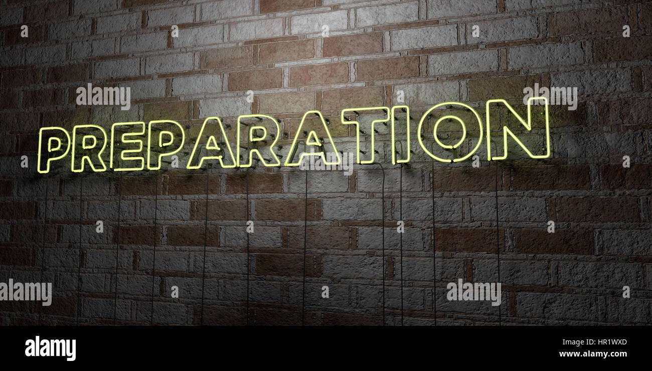 PREPARATION - Glowing Neon Sign on stonework wall - 3D rendered royalty ...