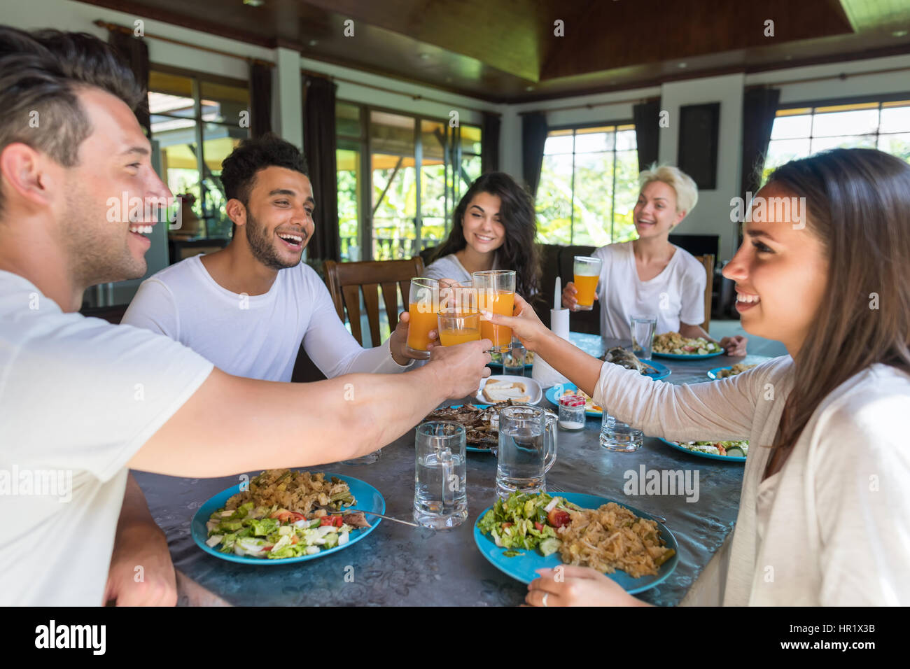 Young People Group Having Breakfast Together, Friends Kitchen Interior ...