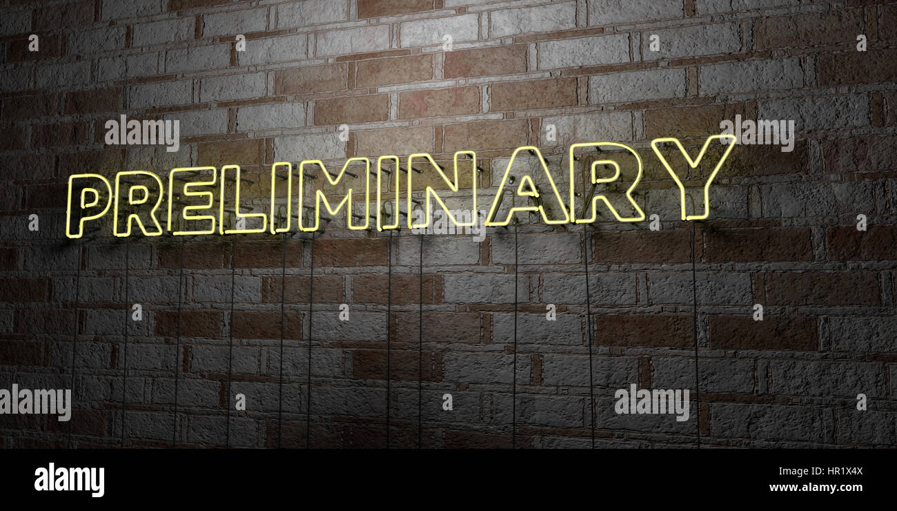 PRELIMINARY - Glowing Neon Sign on stonework wall - 3D rendered royalty ...