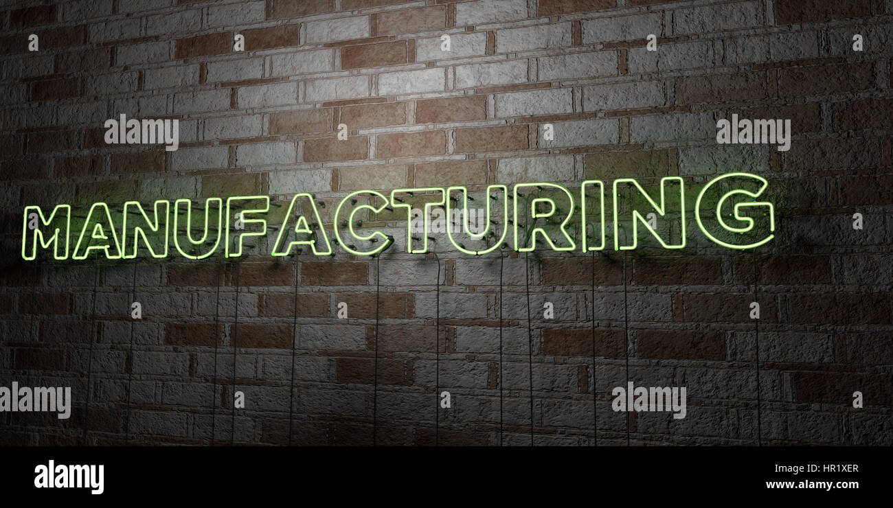 MANUFACTURING - Glowing Neon Sign on stonework wall - 3D rendered ...