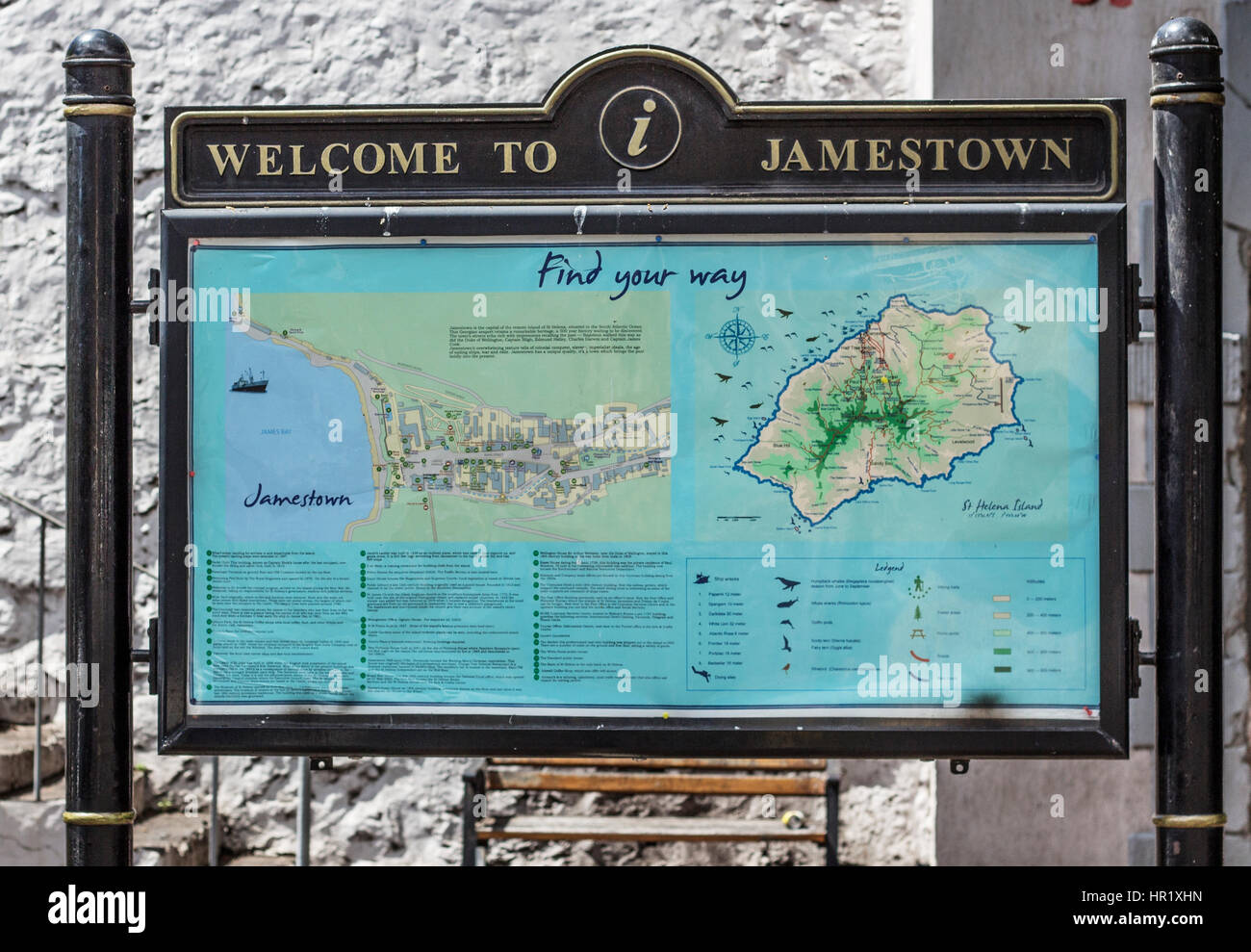 Map signboard in the main entrance to the city in Jamestown, St Helena ...