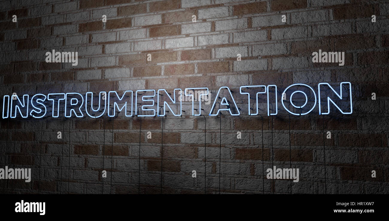 INSTRUMENTATION - Glowing Neon Sign on stonework wall - 3D rendered ...