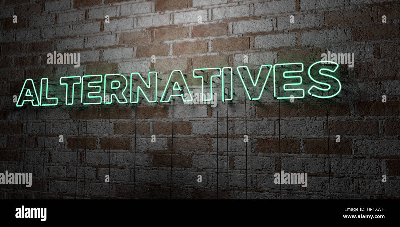ALTERNATIVES - Glowing Neon Sign on stonework wall - 3D rendered ...