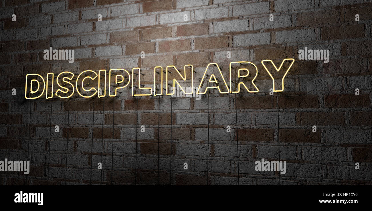 DISCIPLINARY - Glowing Neon Sign on stonework wall - 3D rendered ...