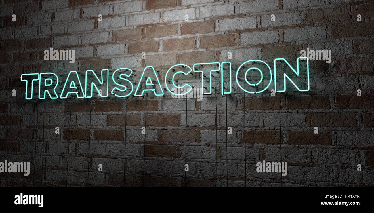 TRANSACTION - Glowing Neon Sign on stonework wall - 3D rendered royalty ...