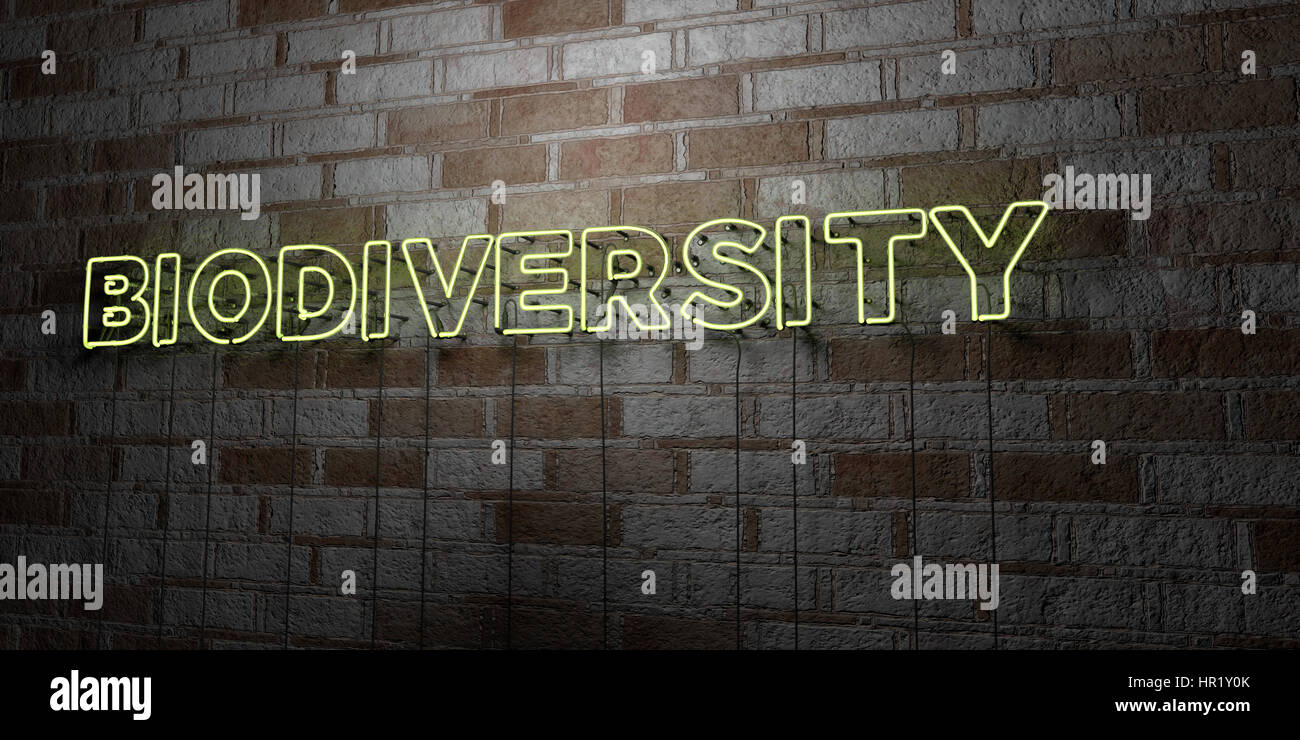 BIODIVERSITY - Glowing Neon Sign on stonework wall - 3D rendered ...
