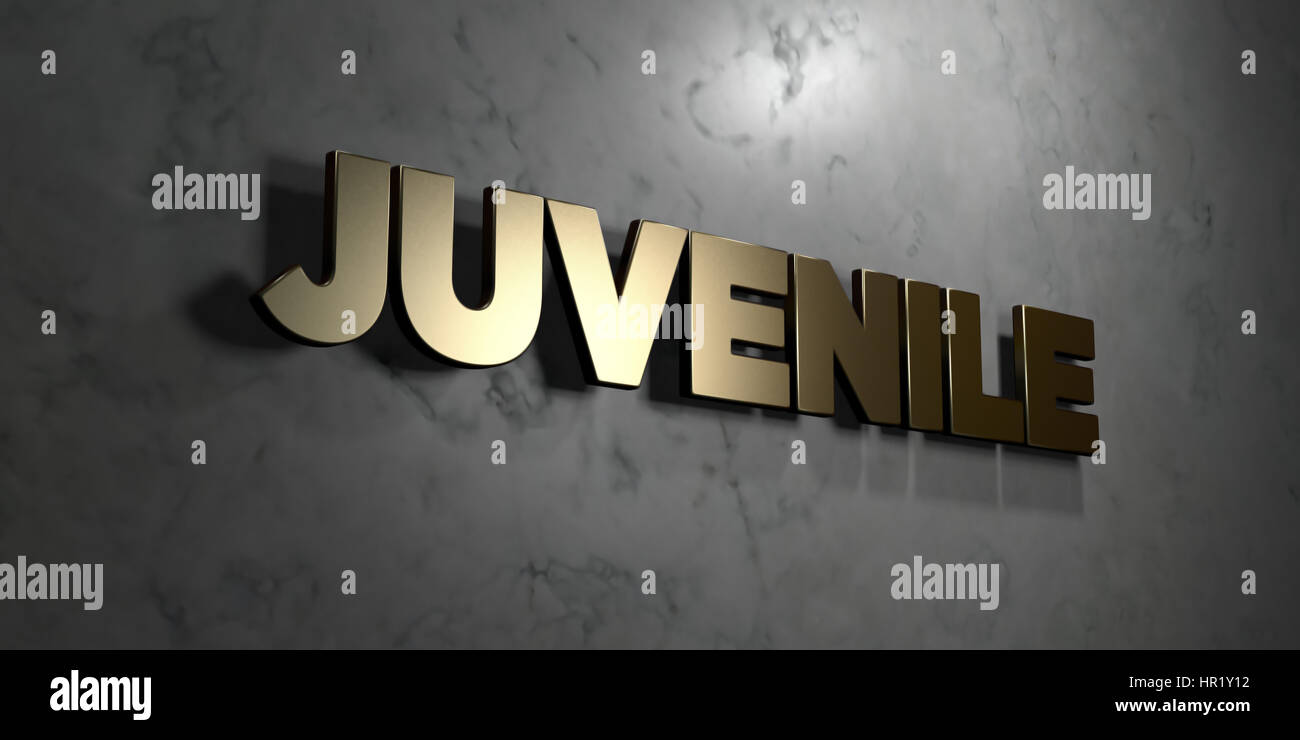 Juvenile - Gold sign mounted on glossy marble wall - 3D rendered ...