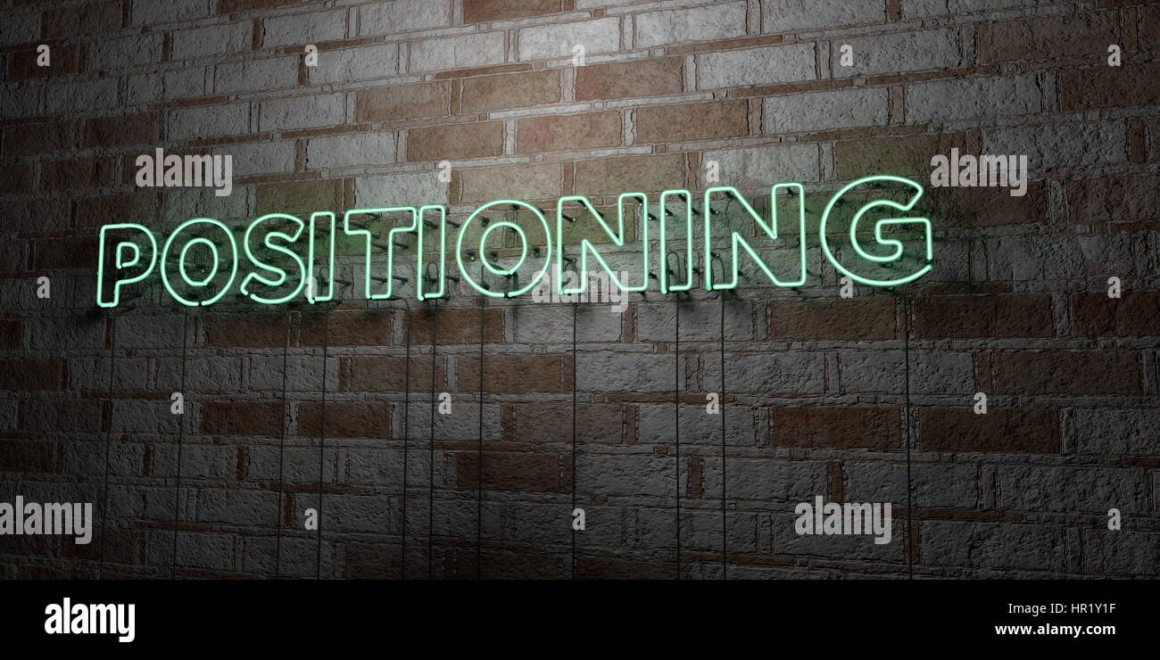 POSITIONING - Glowing Neon Sign on stonework wall - 3D rendered royalty ...