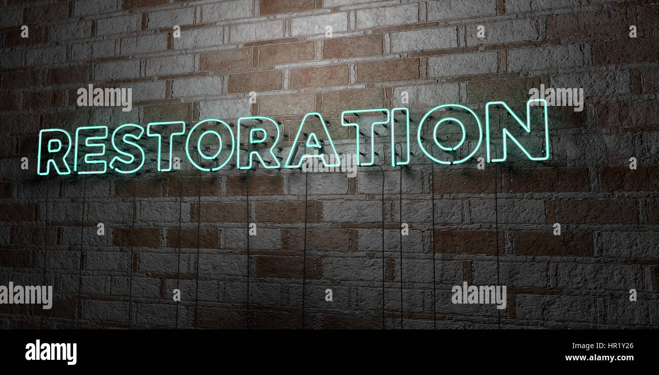 RESTORATION - Glowing Neon Sign on stonework wall - 3D rendered royalty ...